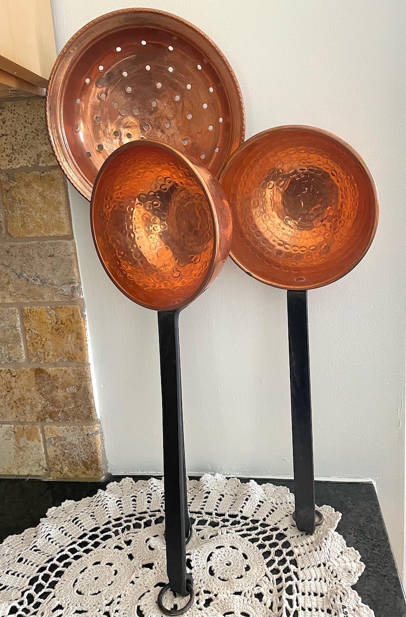 Vintage Copper Ladles. Large Kitchen Utensils. Vintage Copper Strainer With Handle. Retro ...