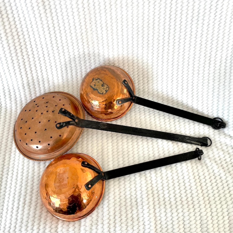 Vintage Copper Ladles. Large Kitchen Utensils. Vintage Copper Strainer With Handle. Retro ...