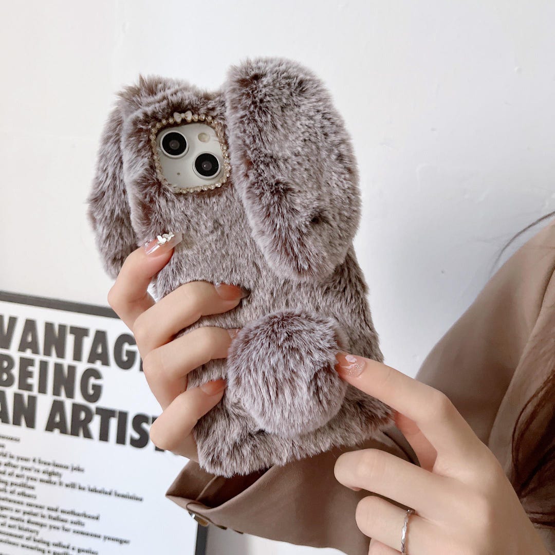 Cute Fluffy Bunny Phone Case, Cozy Soft Fur & Sparkling Rhinestone ...