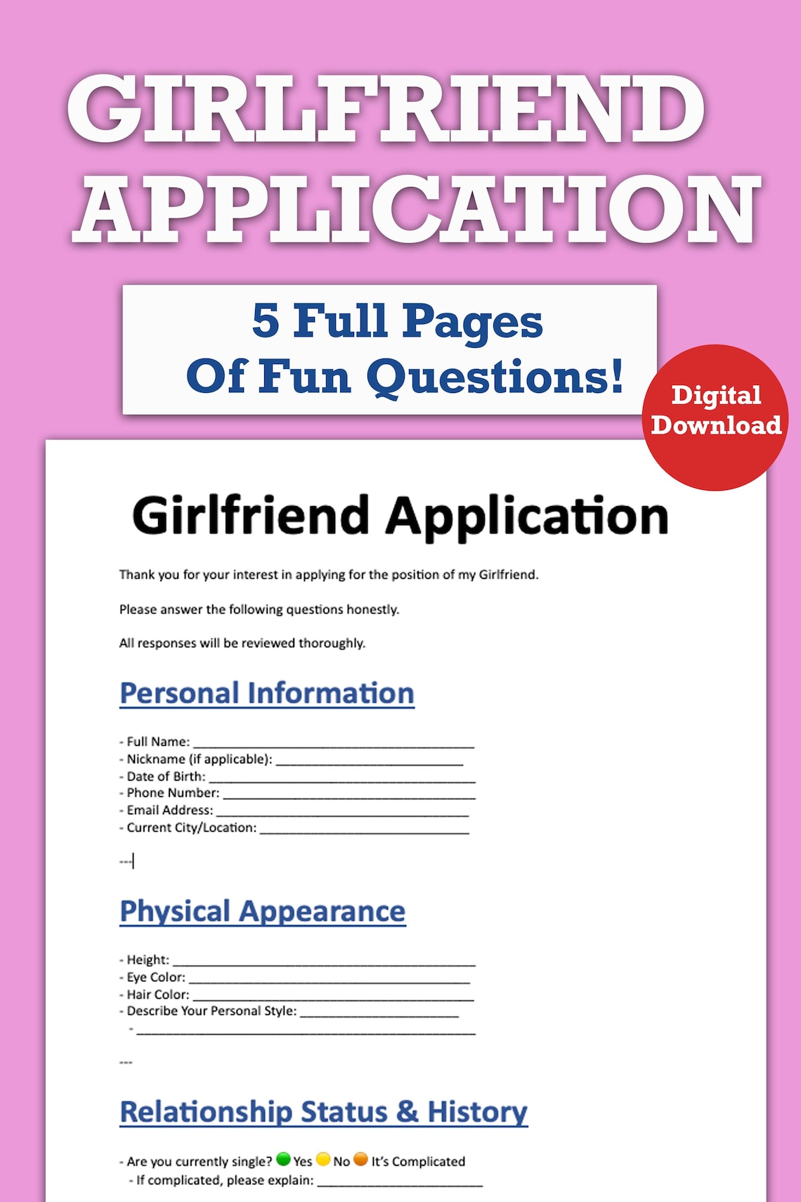 Girlfriend Application Template – Fun Printable Questionnaire (digital ...