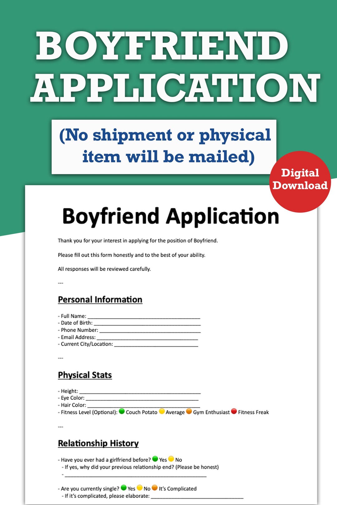 Fun Boyfriend Application Template – Relationship Icebreaker (digital ...
