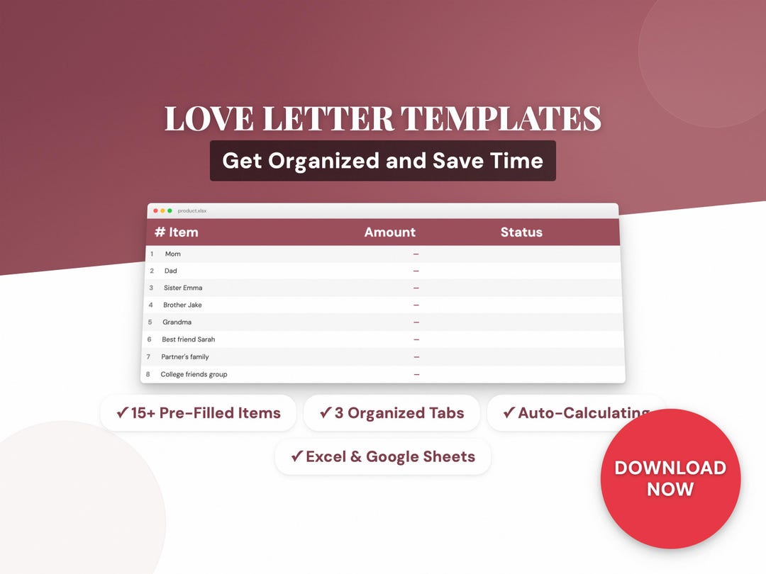 Love Letter Templates | Relationship Excel Template | Couples Planner ...