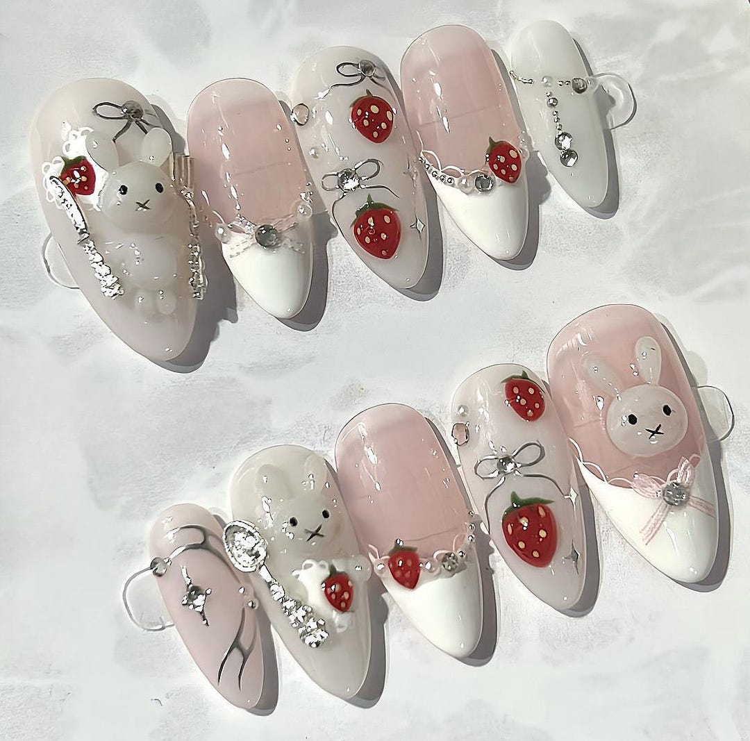 Cute Rabbit Nails Cute Nails ,3D Handpainted Gel Nails, Floral Nails ...