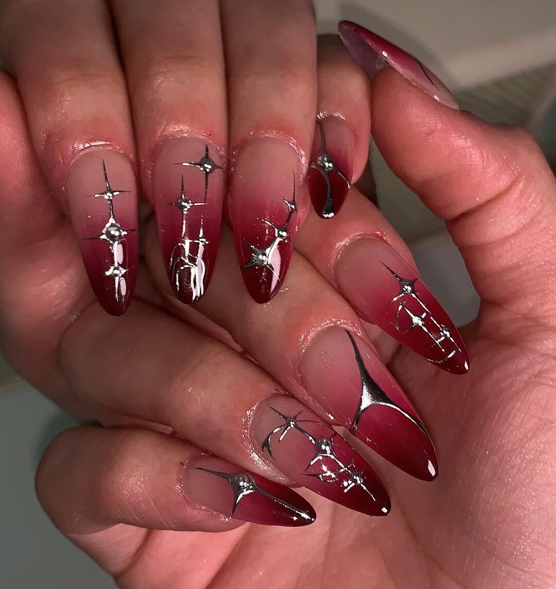 Y2K Nails,red Nails Flower Nails ,3D Handpainted Gel Nails, Floral ...