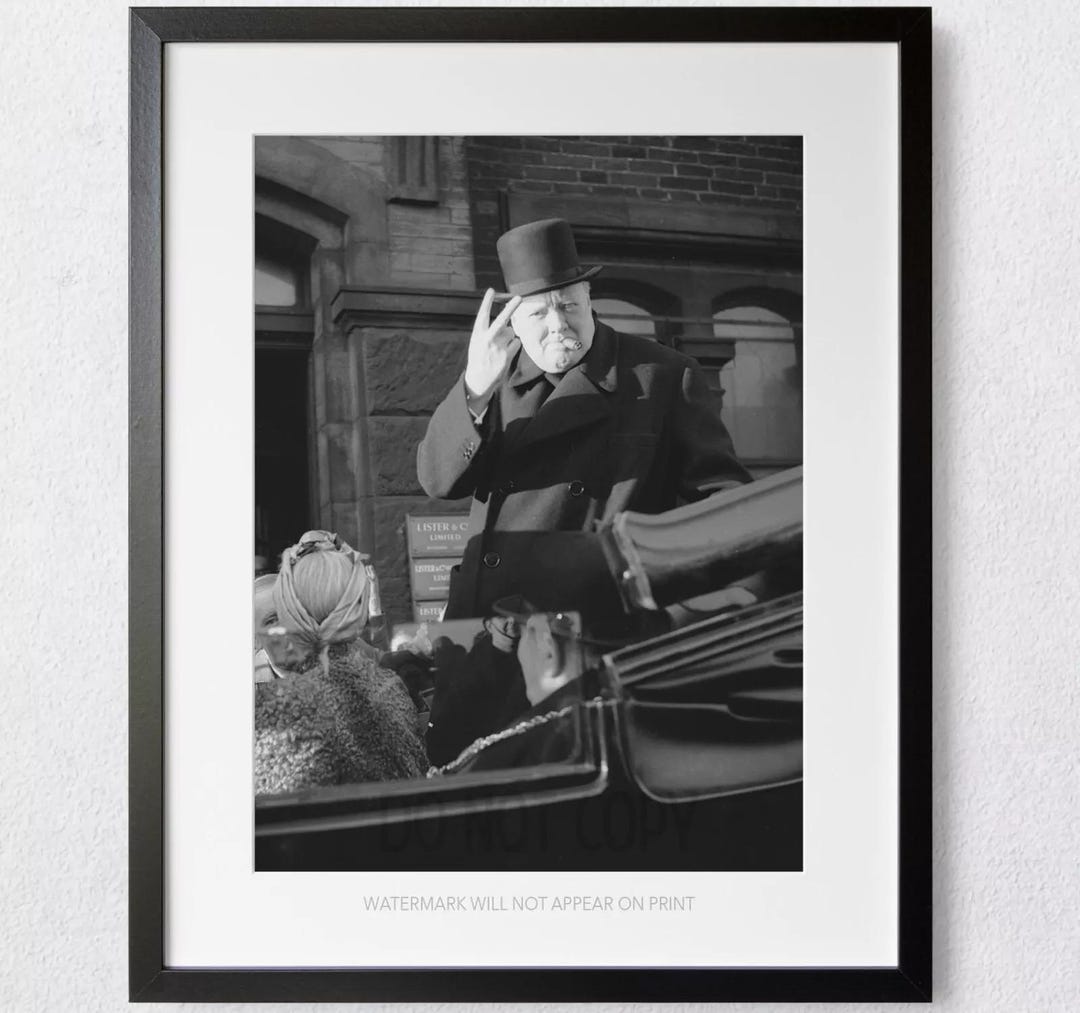 Winston Churchill Smoking Cigar V Victory Peace Sign Wall Art Poster ...