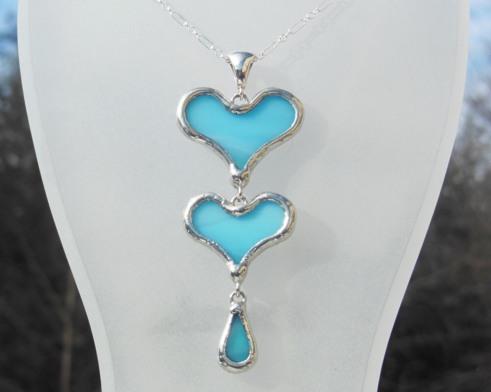 Baby Blue Glass Double Heart Necklace - Etsy