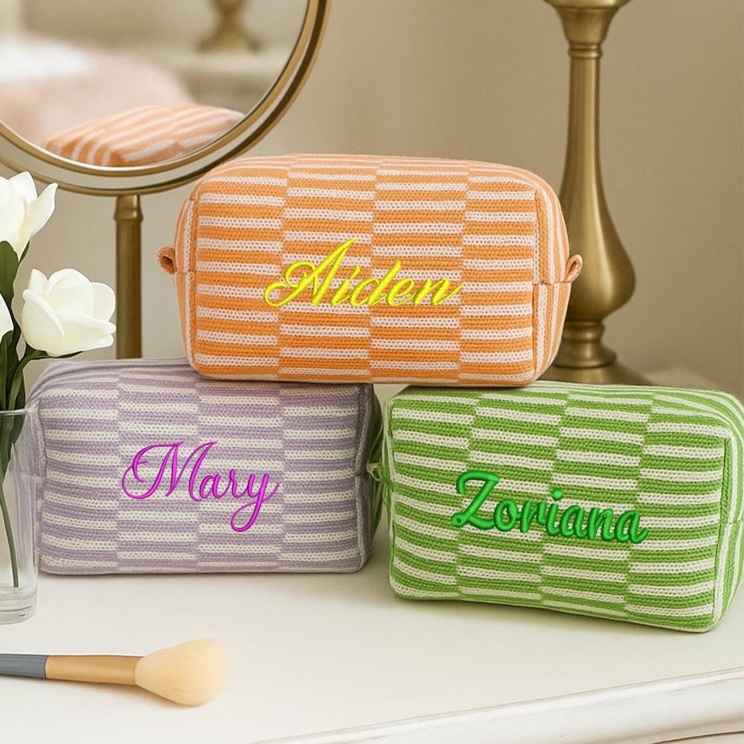 Embroidered Personalized Makeup Bag – Striped Knit Cosmetic Bag - Etsy