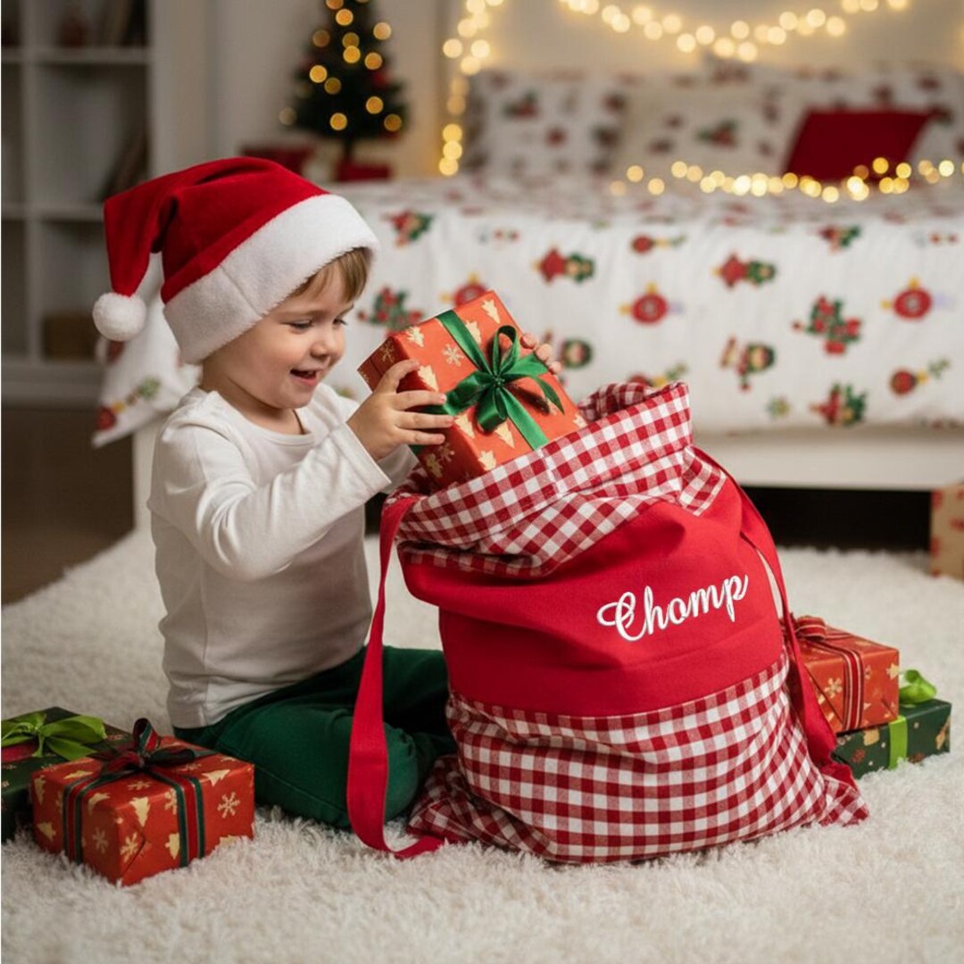Personalized Plaid Santa Sack | Embroidered Cotton Christmas Gift Bag ...