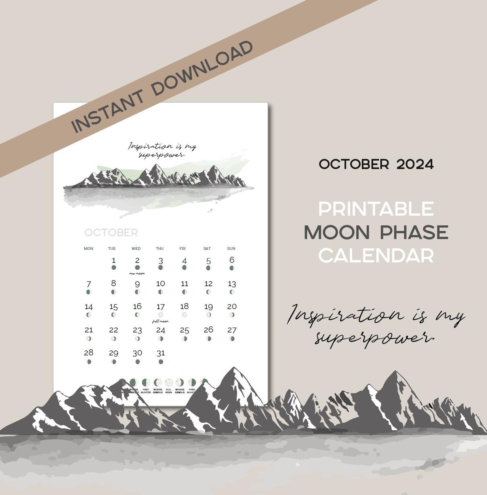 Printable Moon Phase Calendar October 2024 With Inspiring Quotes and ...