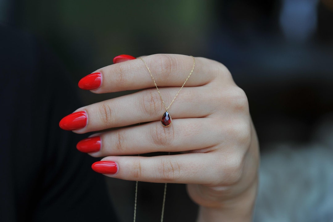 14K Solid Gold Red Ruby Crystal Necklace, Ruby Pendant, Minimalist ...
