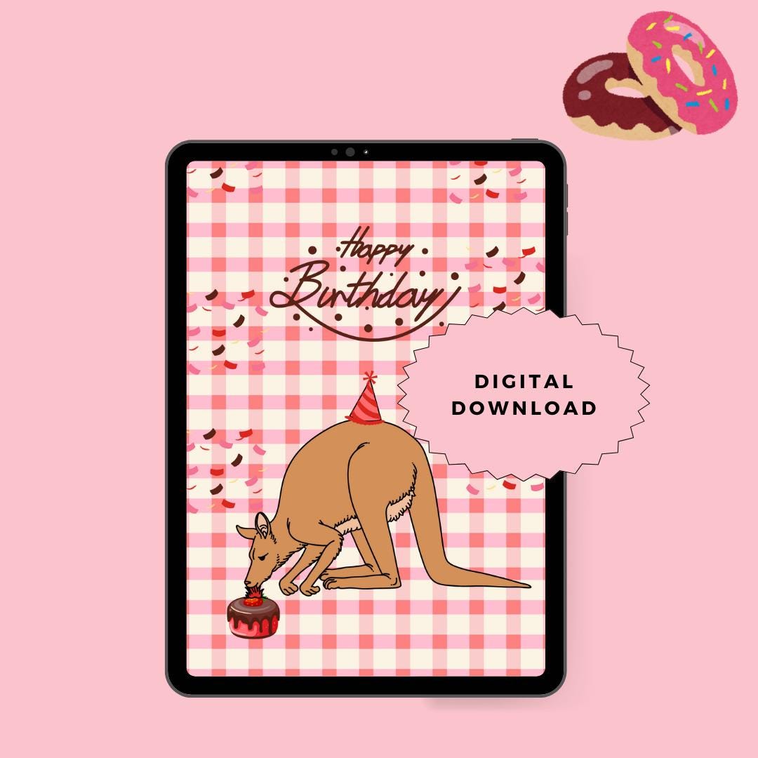 Kangaroo Happy Birthday Card Funny Kangaroo Eating Cake Printable Card ...