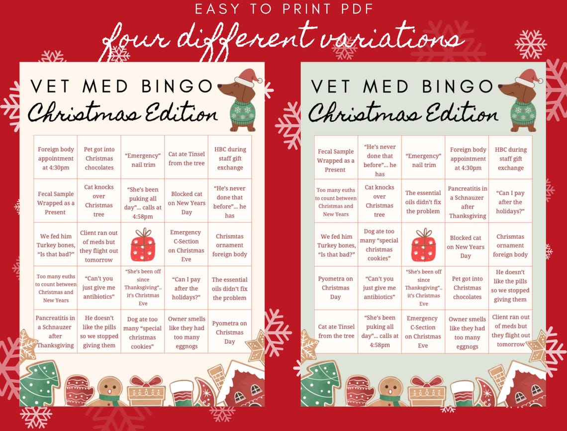 Vet Med Christmas Bingo Cards for Clinics, Funny Bingo Cards, Christmas ...