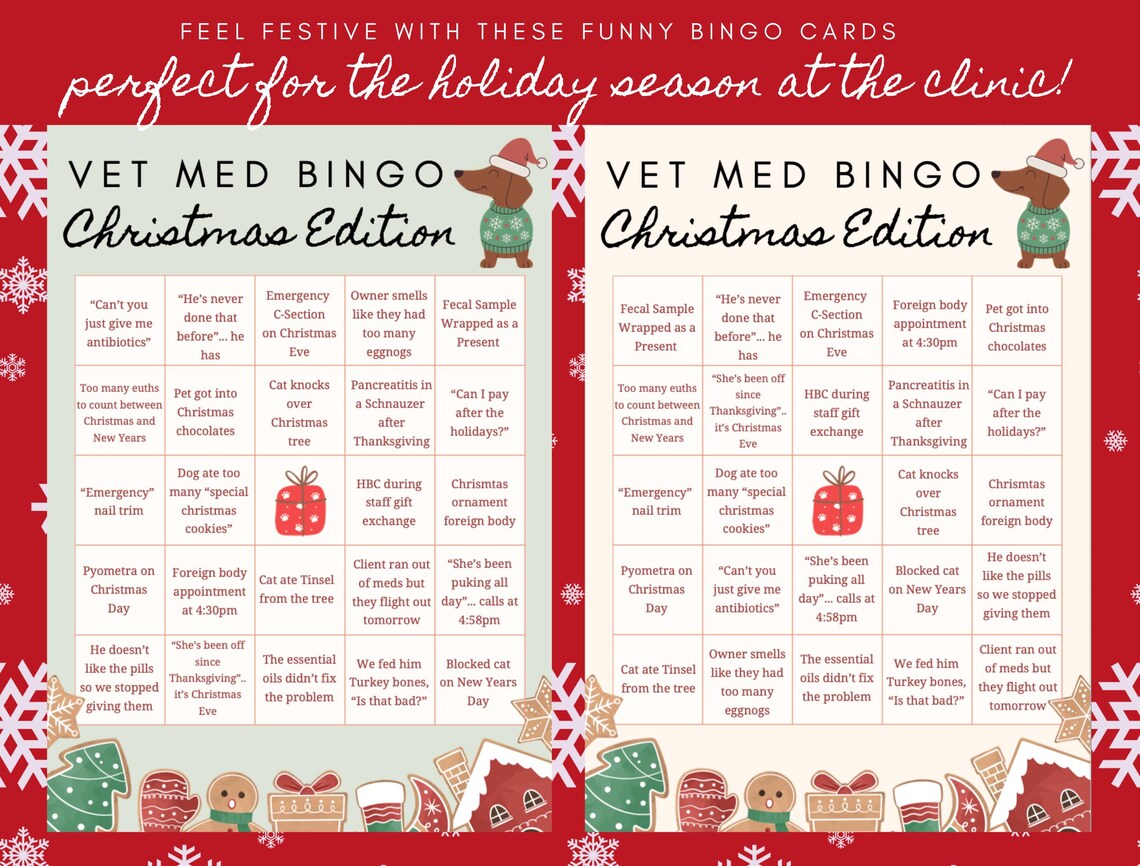 Vet Med Christmas Bingo Cards for Clinics, Funny Bingo Cards, Christmas ...