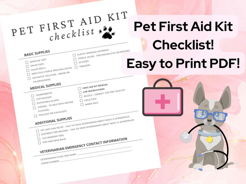 Essential Pet First Aid Kit Checklist PDF, Animal Care, Groomer ...