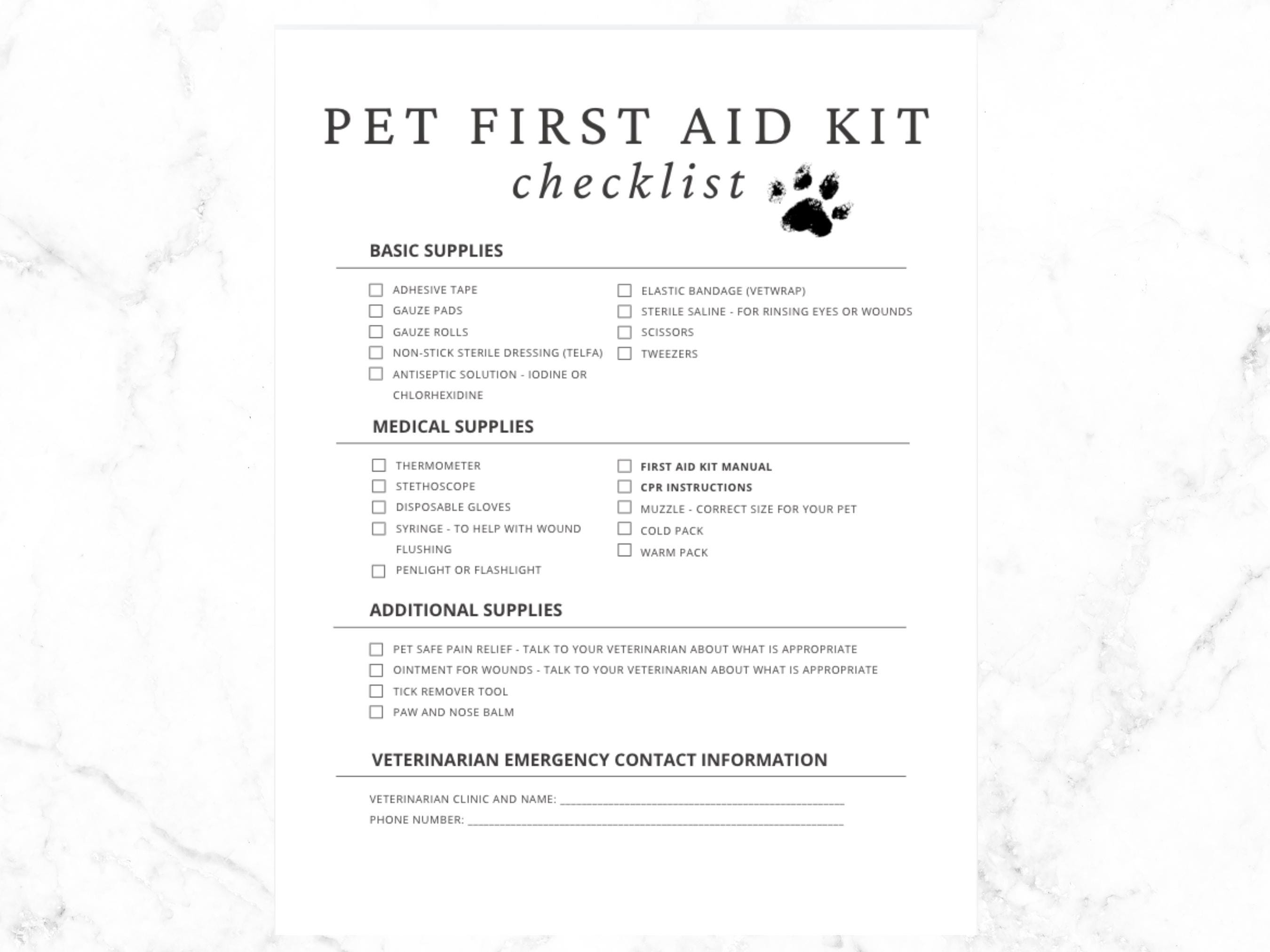 Essential Pet First Aid Kit Checklist PDF, Animal Care, Groomer ...