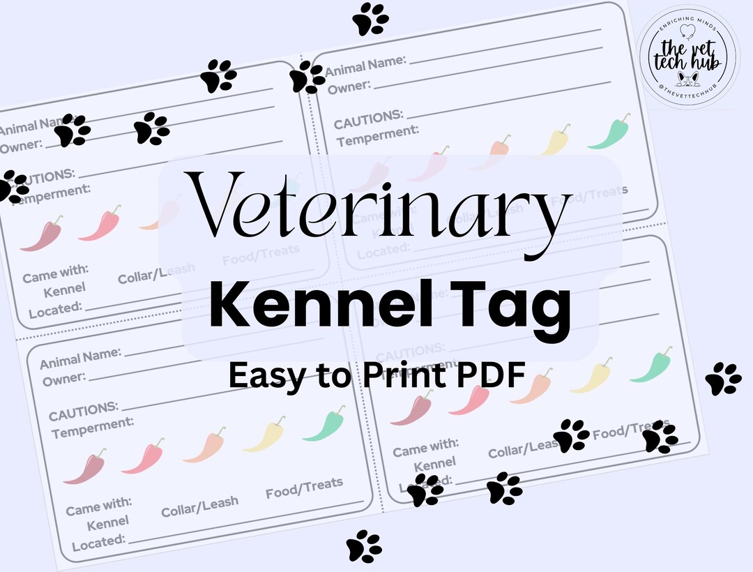 Veterinary Clinic Kennel Tag for Animals Pdf Print, Client, Temperament ...