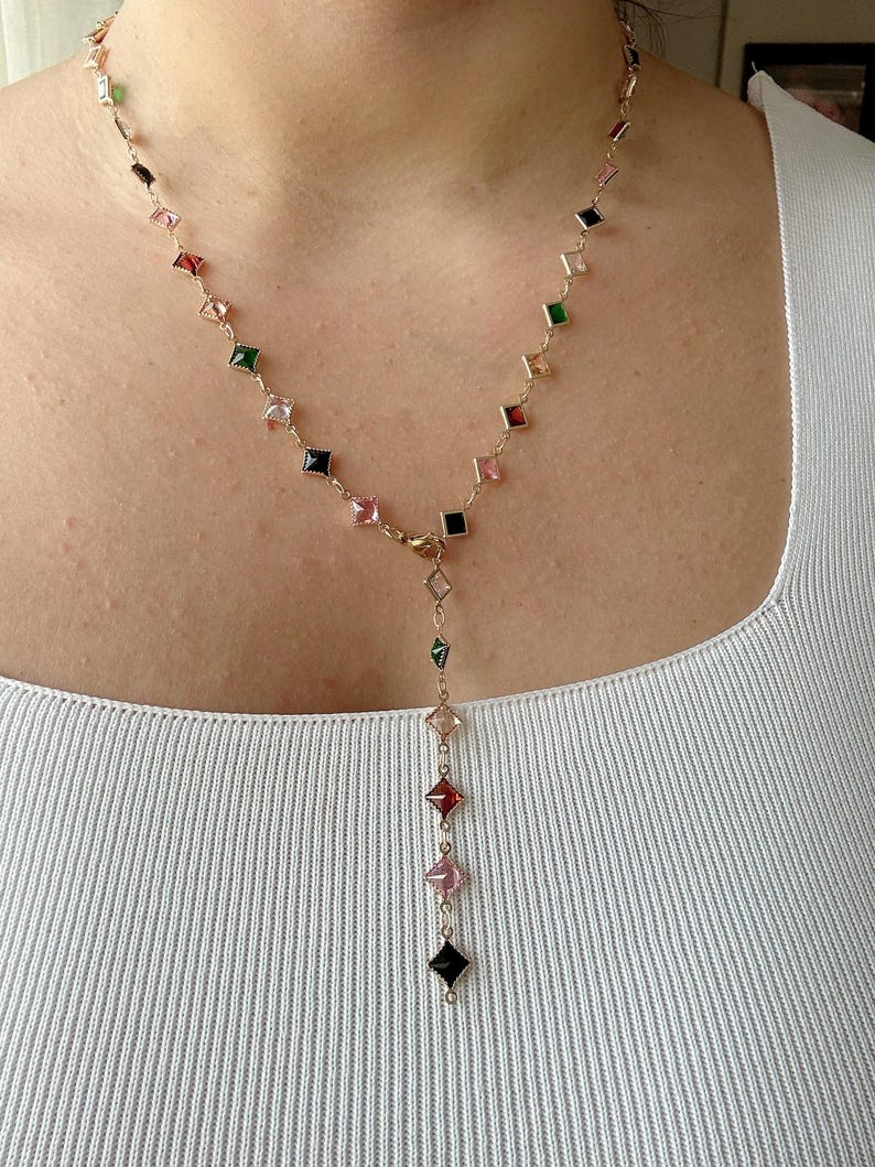 Gold Plated Y Necklace: Multi-colored Gemstone Lariat Pendant - Etsy