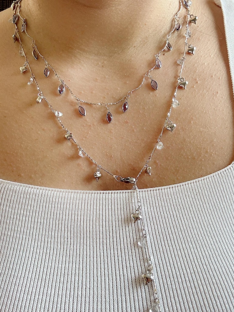 Silver Y Necklace: Leaf & Heart Stone Pendant, Elegant Bridal Accessory ...