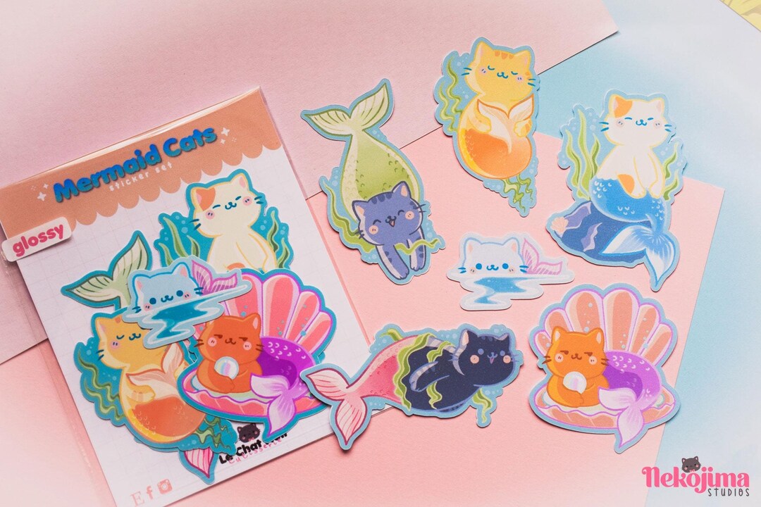 Kawaii Sticker Set Mermaid Cats • Cute Bujo Stickers • Kawaii ...