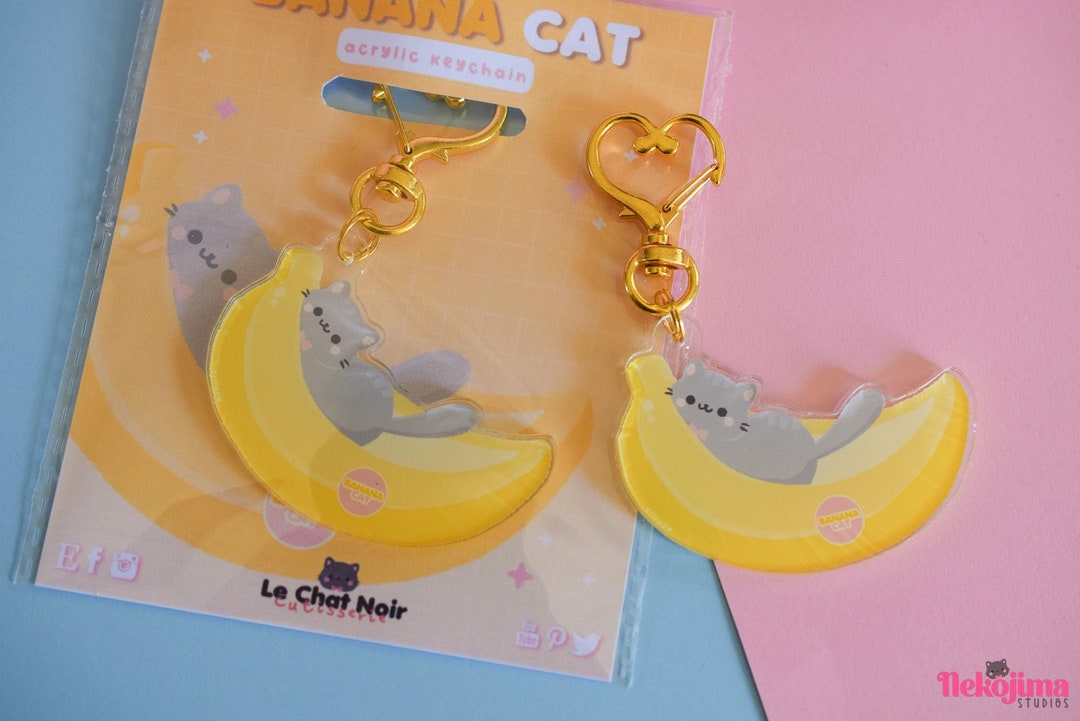 Kawaii Keychain Banana Cat • Cute Cat Keychain • Gold Acrylic Keyring ...