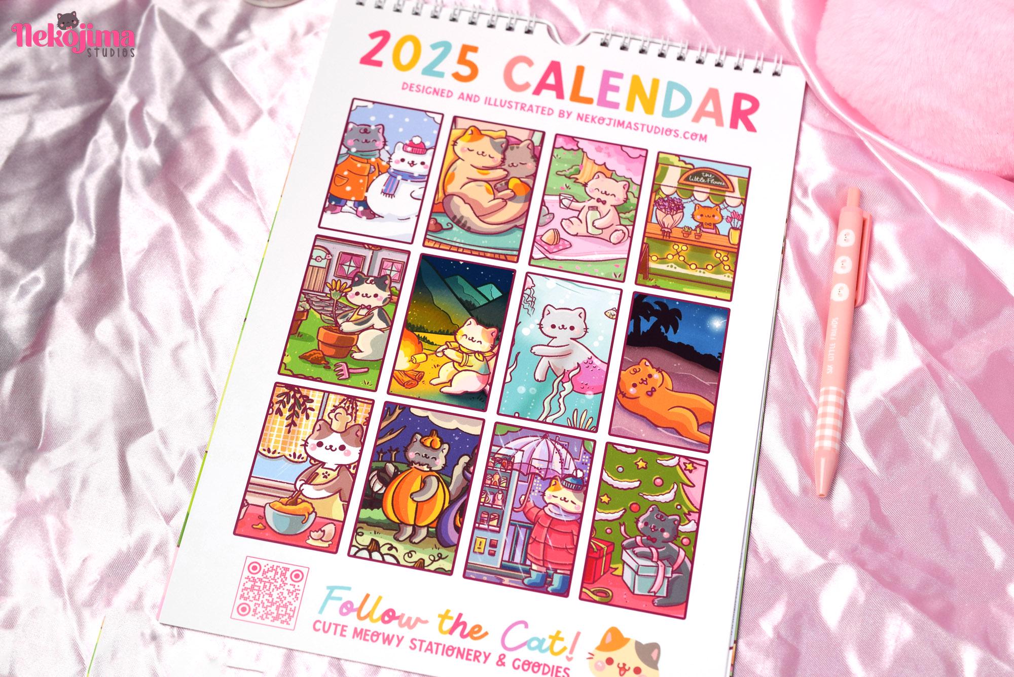 2025 A4 Wall Calendar With Cute Cats • Kawaii Year Calendar • 12 Months ...