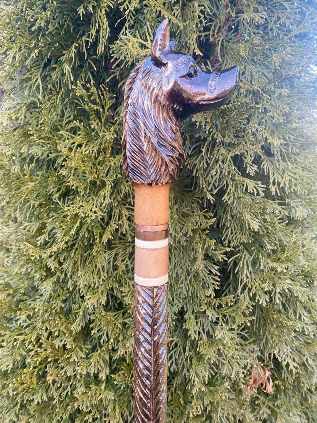 Wolf Head of Wood Cane Viking Wolf Fenrir Walking Cane Scandinavian ...