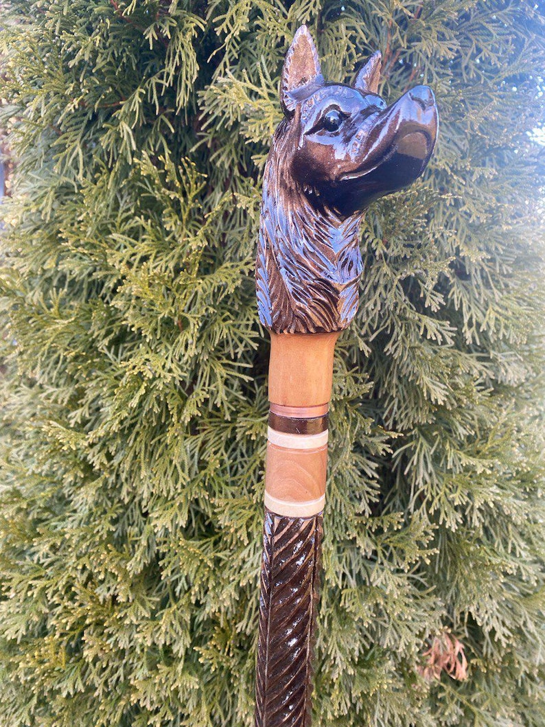 Wolf Head of Wood Cane Viking Wolf Fenrir Walking Cane Scandinavian ...