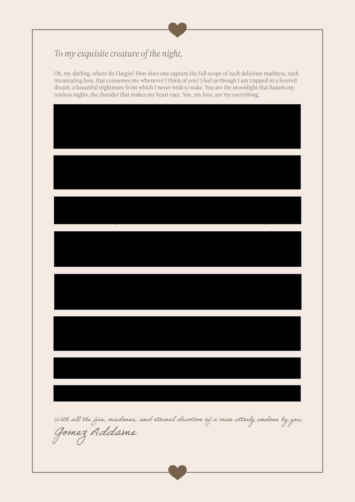 Gomez Addams Love Letter, Comfort Character Letter, Addams Family, Love ...