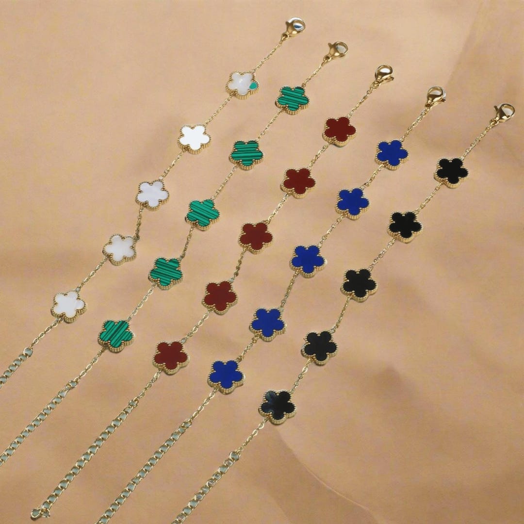 114k Solid Gold & White Colorful Enamel Four Leaf Clover Van Cleef Bracelet, Dainty Vintage ...