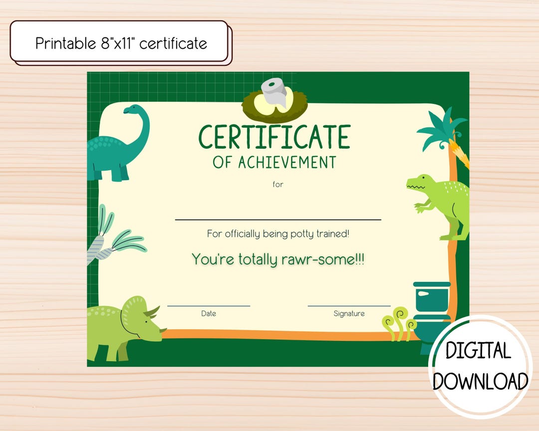 Dinosaur Potty Training Certificate, Boys Potty Training, Kids ...