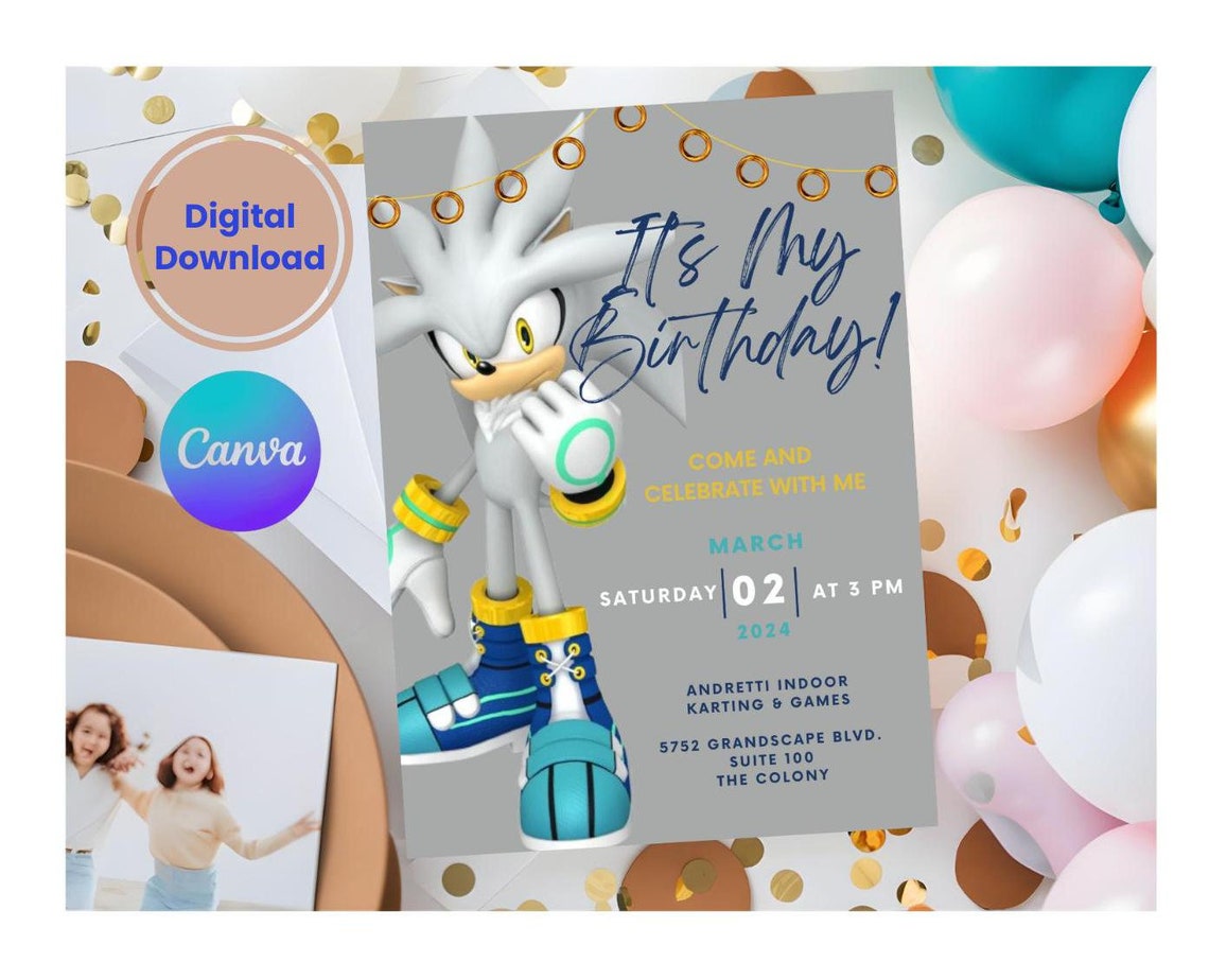 Silver the Hedgehog Birthday Invitation, Customizable Template (digital ...