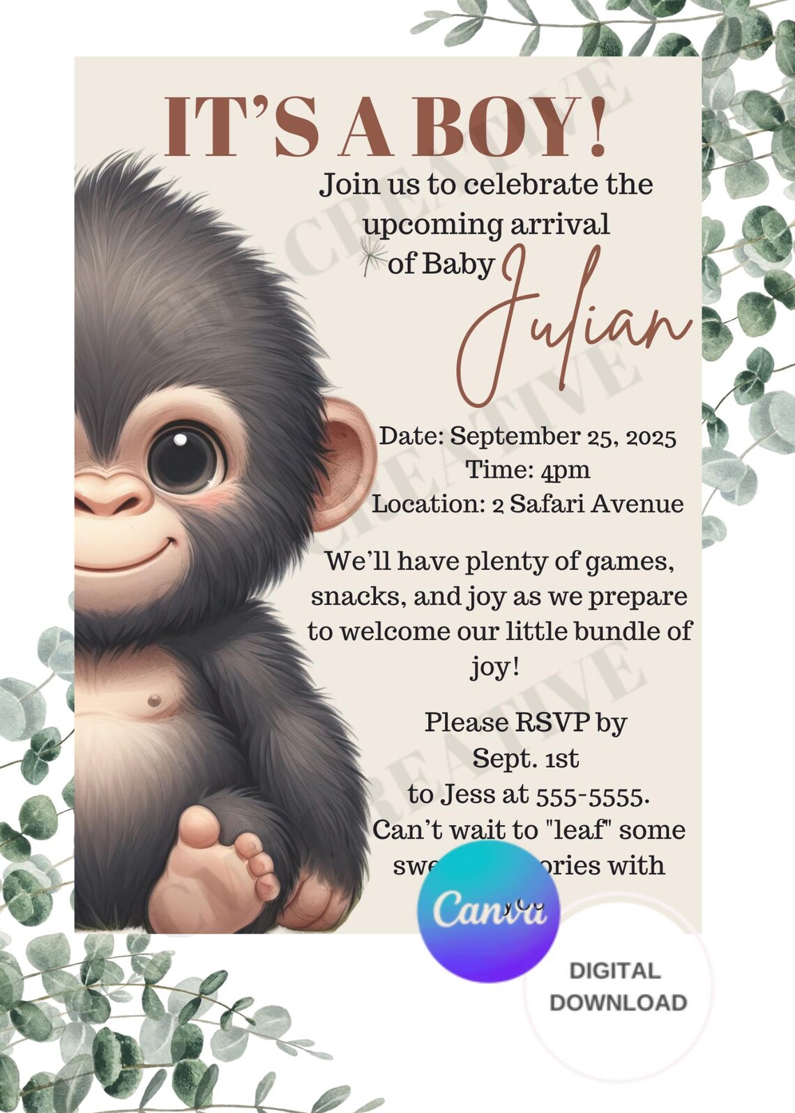 Monkey Safari Baby Shower Invitation Template (digital Download) - Etsy