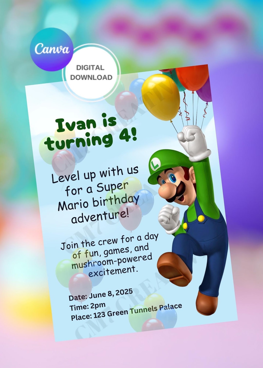 Luigi Theme Birthday Digital Invitation Template, Luigi-mario Bros ...