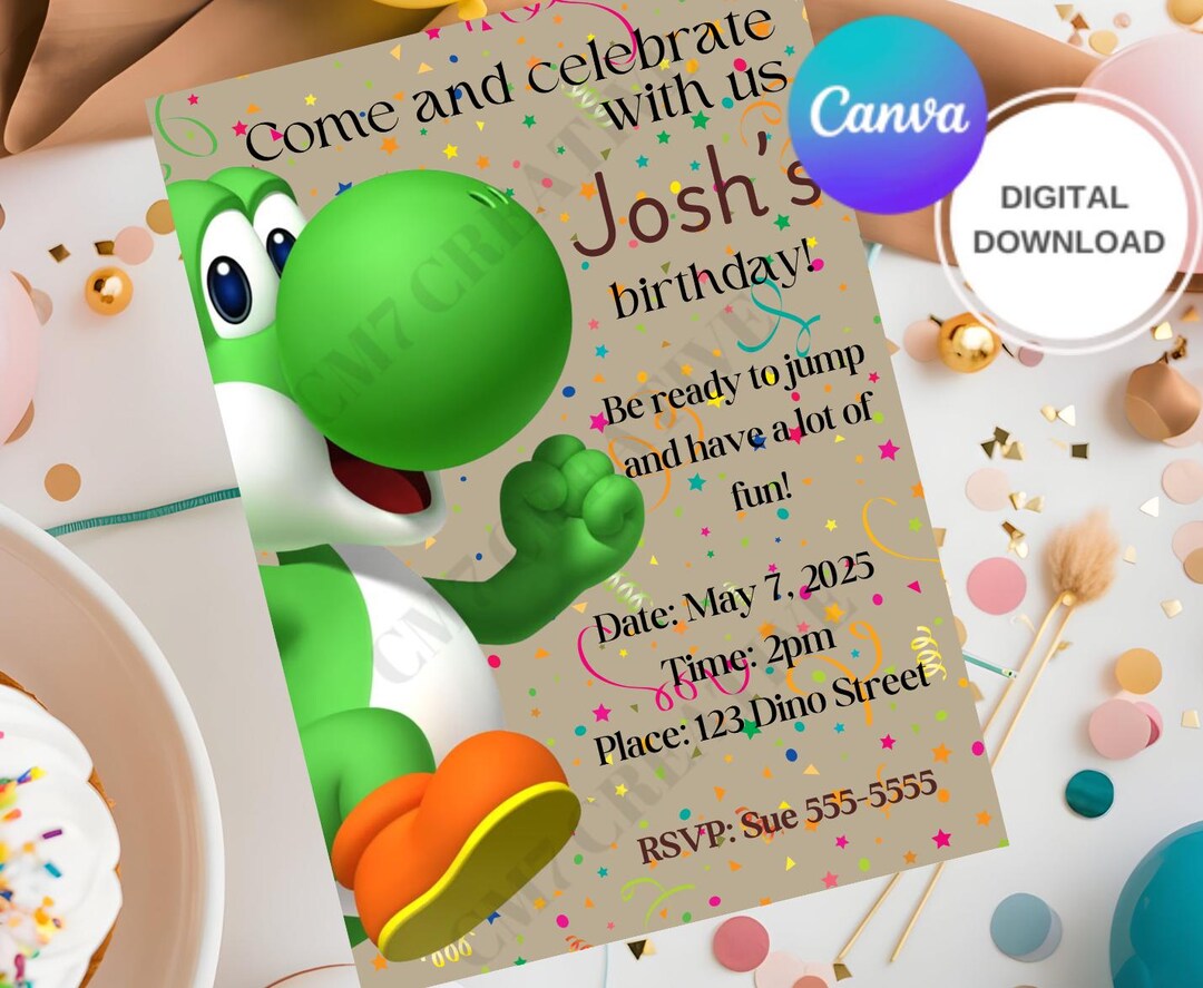 Yoshi Birthday Theme Digital Invitation, Digital Invitation Template ...