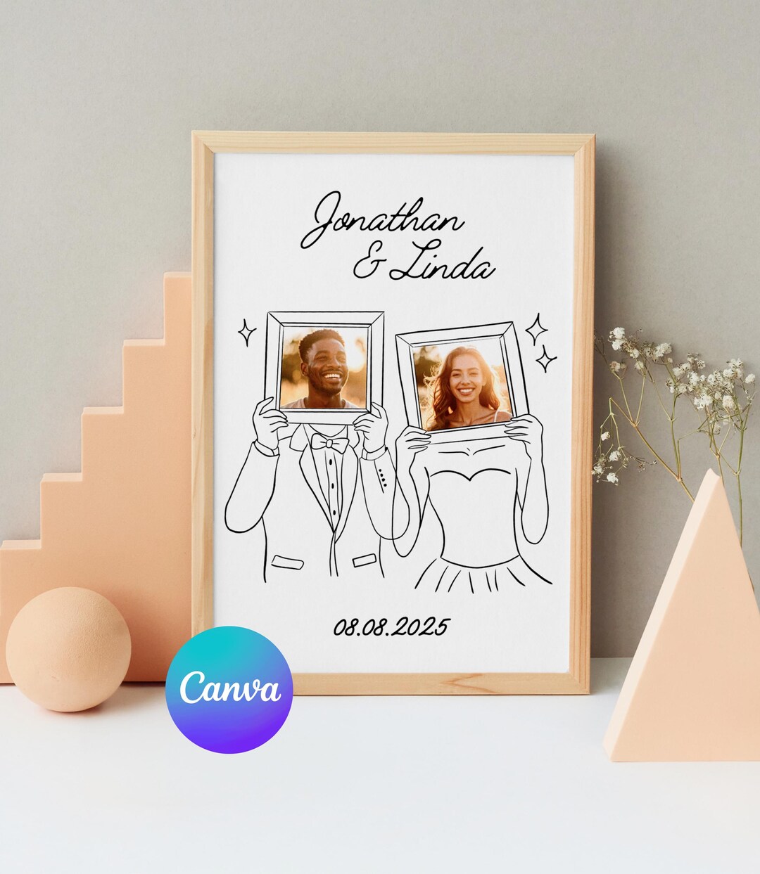 Bride & Groom - Couple Photo Frame - Hand-drawn Illustration - Editable ...