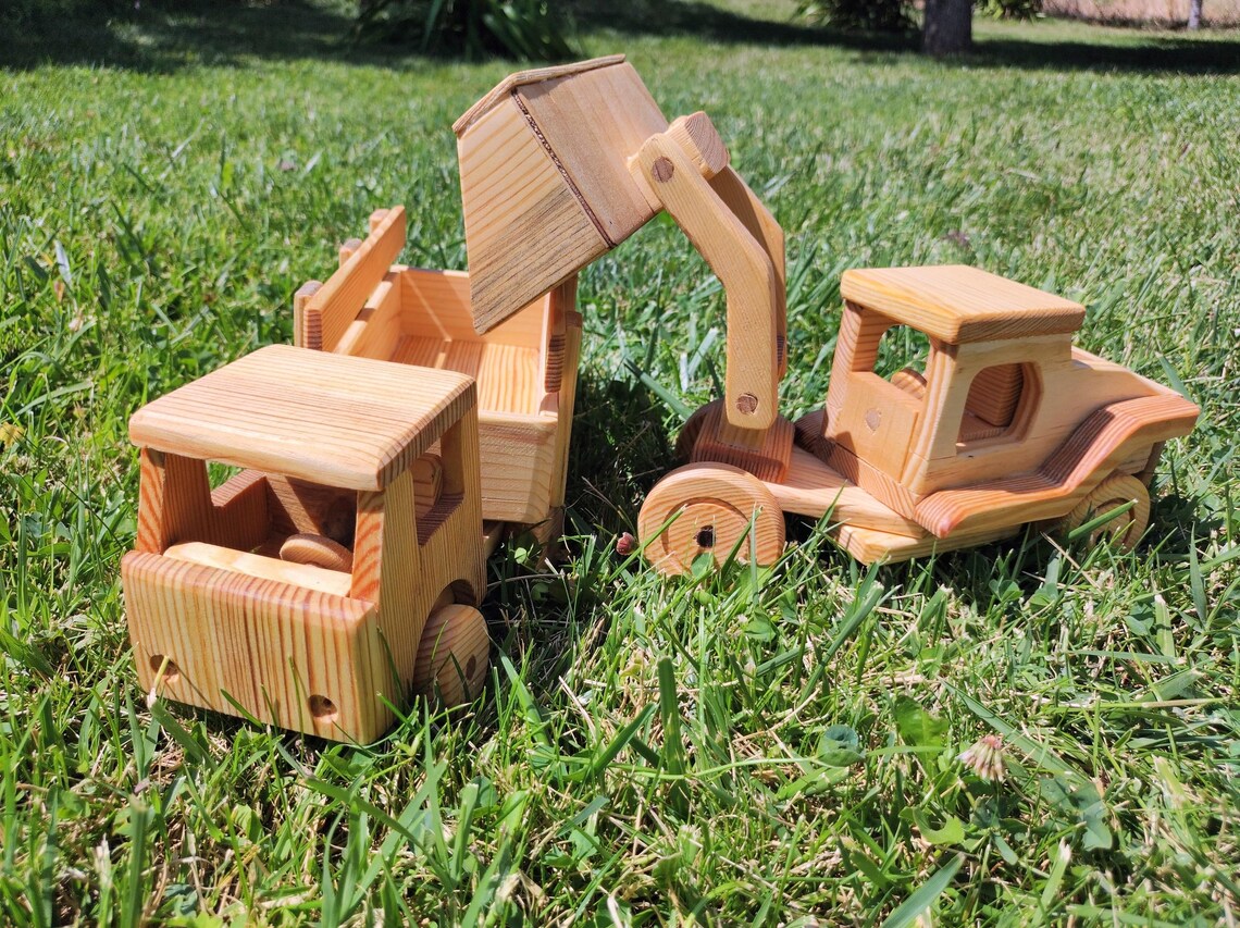 Wooden Truck and Excavator Set | Handcrafted Wooden Digger and Truck ...