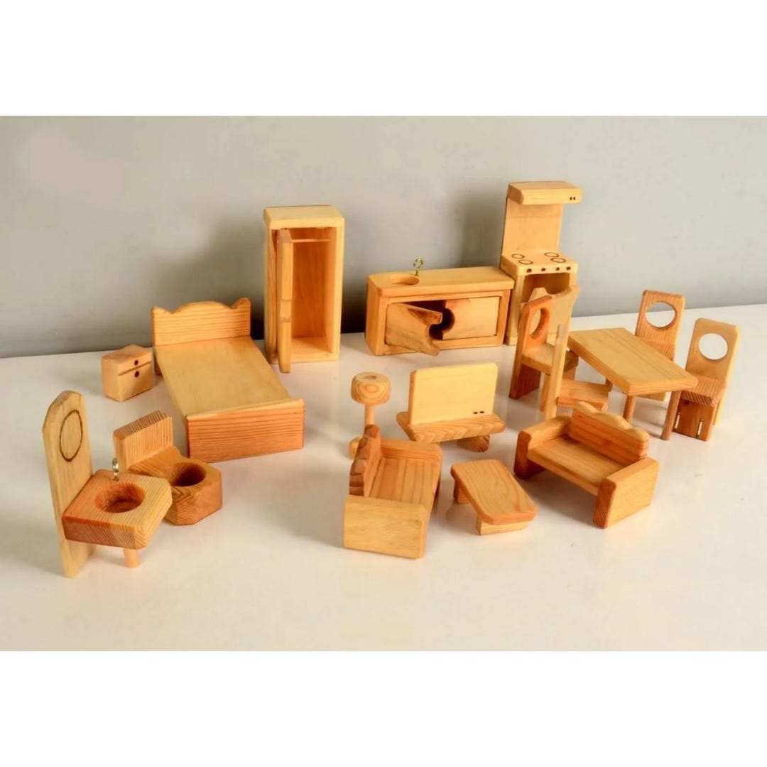 Wooden Dollhouse Furniture Toy Set | 17-piece Wooden Toy Set | Moveable ...