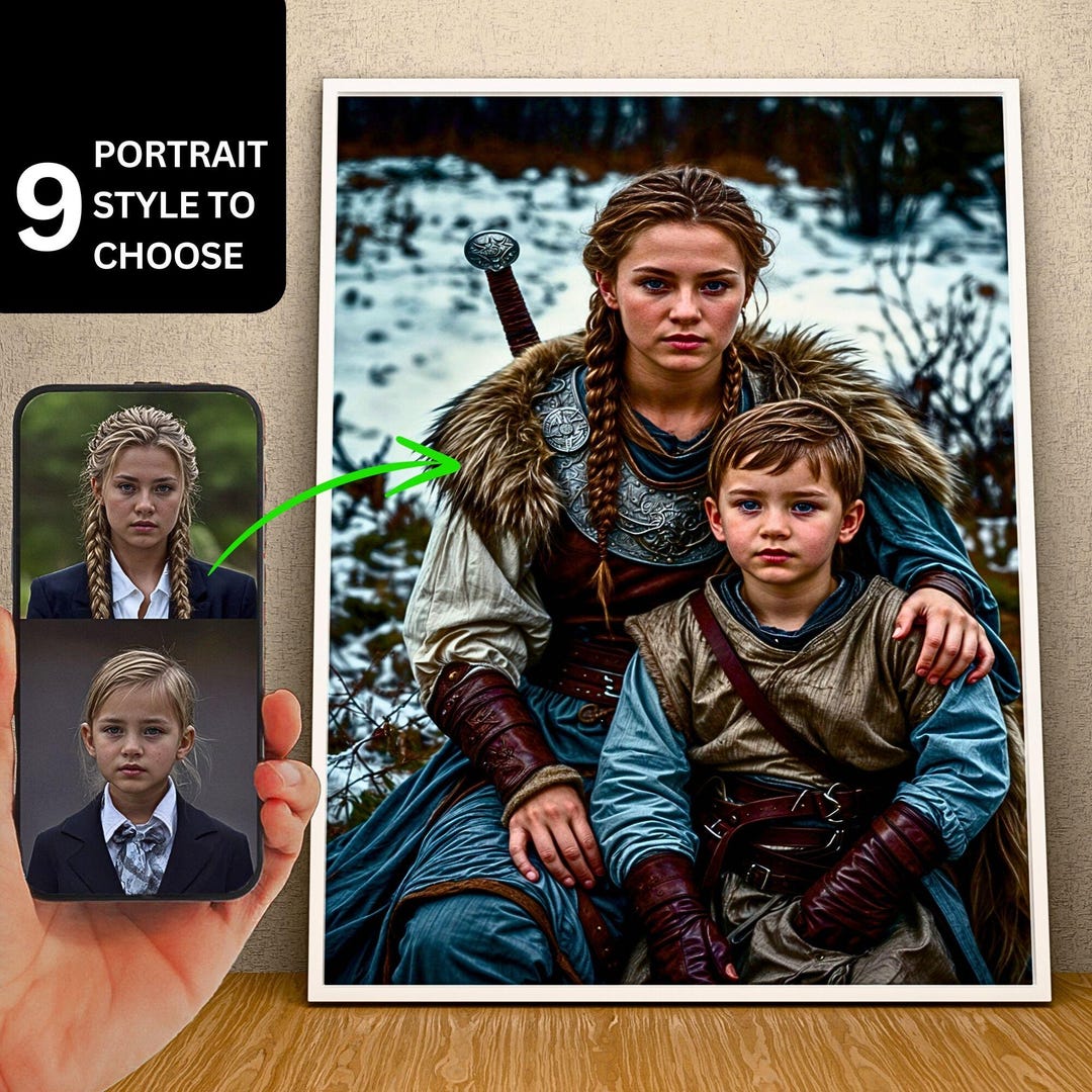 Custom Viking Portrait From Photo, Face Swap Viking Woman and Son ...
