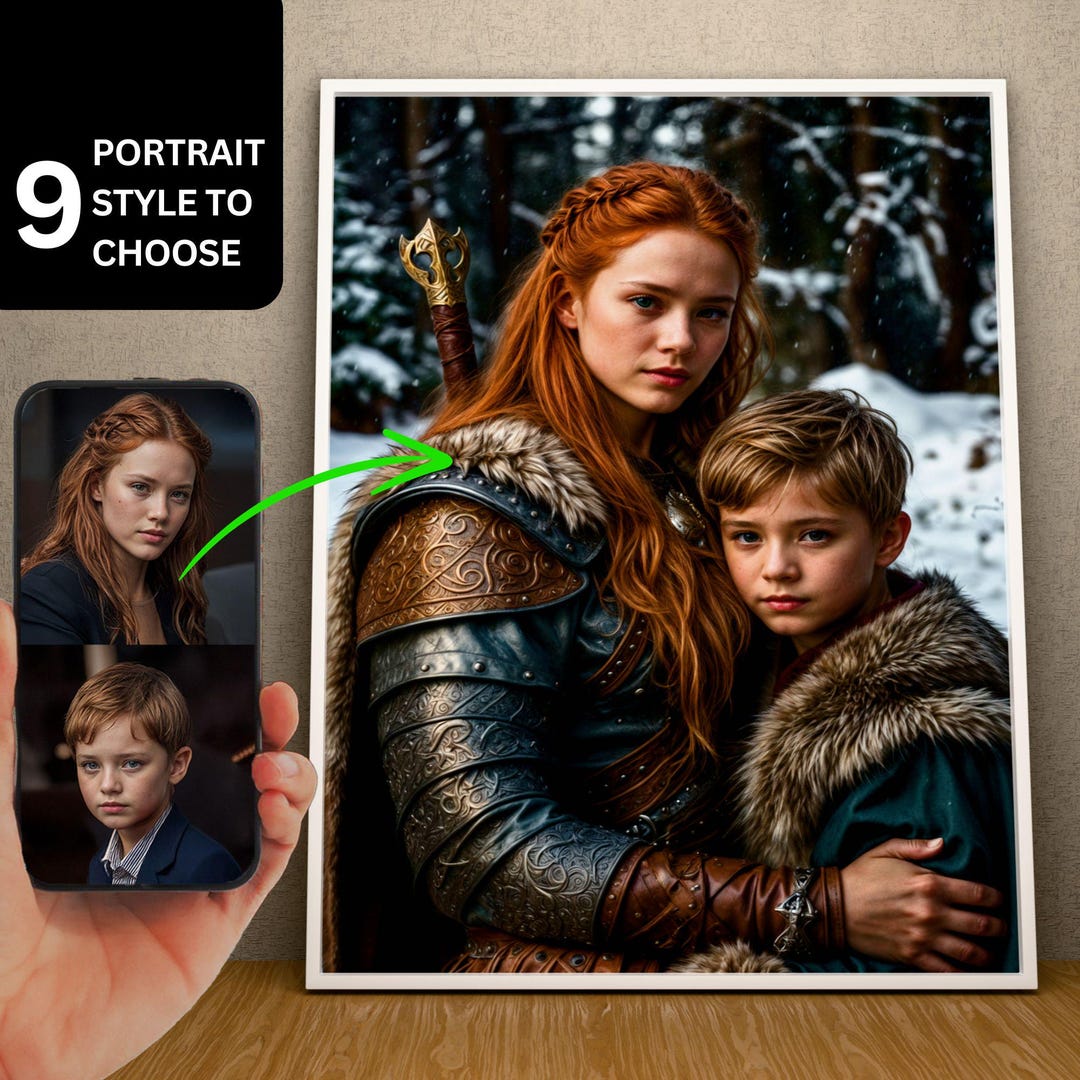 Custom Viking Portrait From Photo, Face Swap Viking Woman and Son Portrait, Viking Son ...