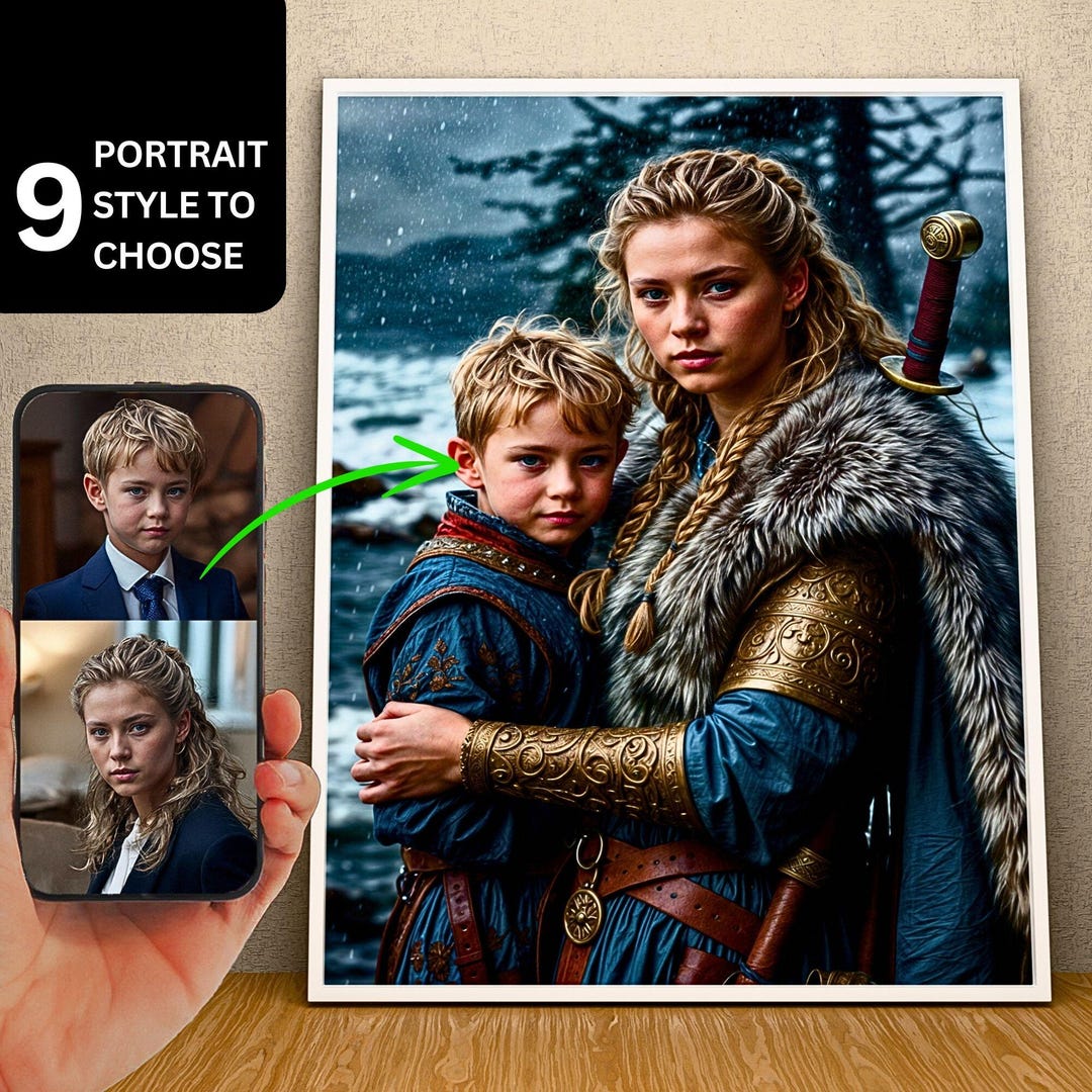 Custom Viking Portrait From Photo, Face Swap Viking Woman and Son Portrait, Medieval, Viking ...