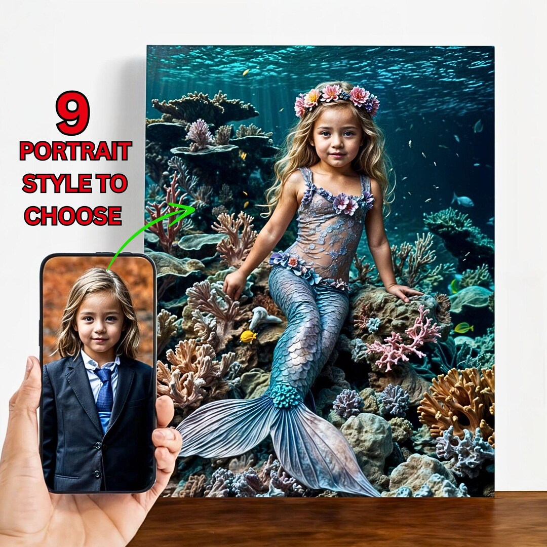 Custom Little Mermaid Portrait From Photo, Girl Bedroom Gift ...