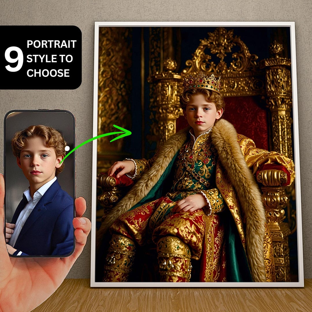 Custom Royal King Boy Portrait From Your Photo, Kids Wall Art, Son ...