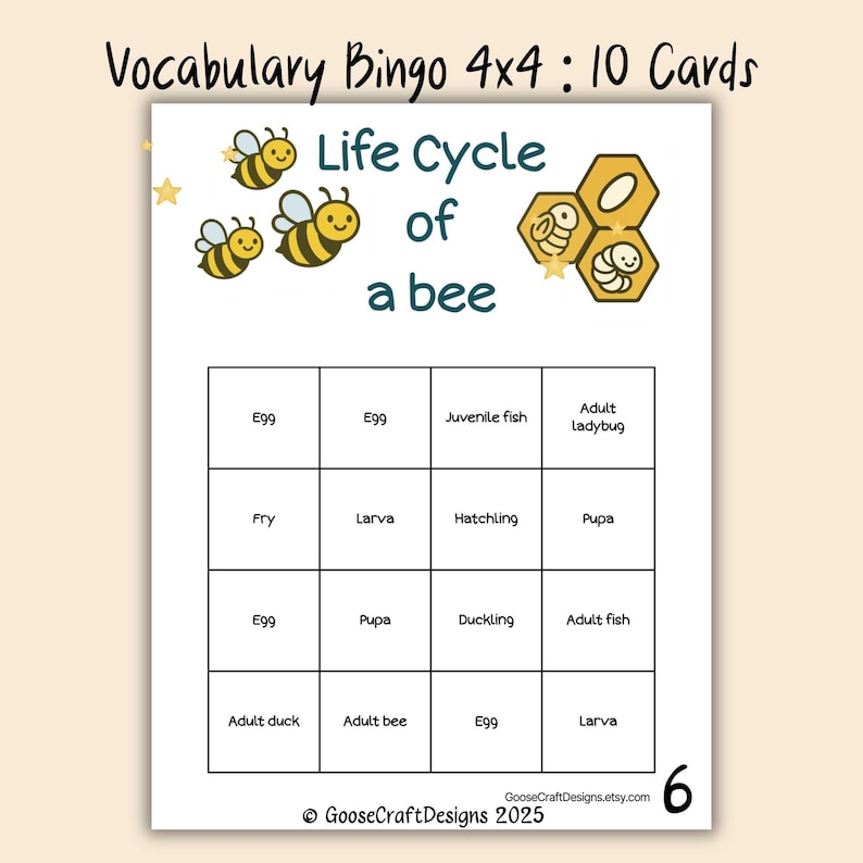 Bingo Game Printable of Bee Life Cycle - 10 Unique 4x4 Cards - Honeybee ...