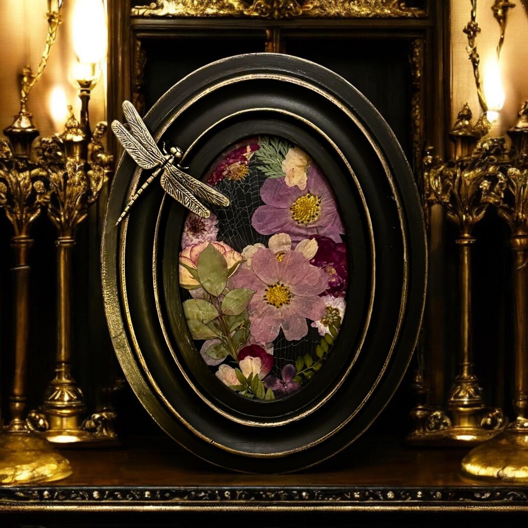 Victorian Gothic Style Art in Oval Wooden Frame /pressed Flowers and ...