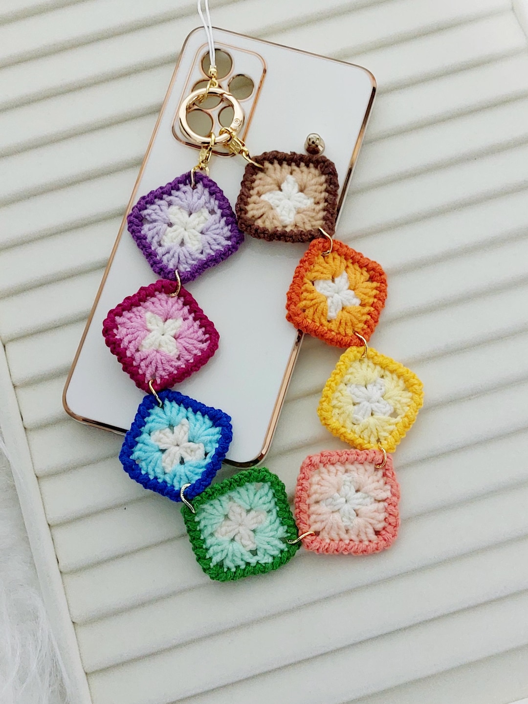 Handmade Knitted Phone Strap, Crochet Mini Square Phone Strap, Special ...