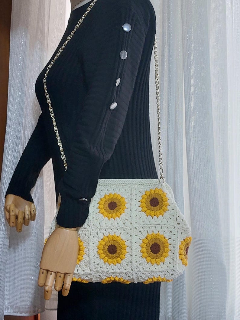 Sunflower Granny Square Click Clack Bag, Handmade Granny Square Tote ...