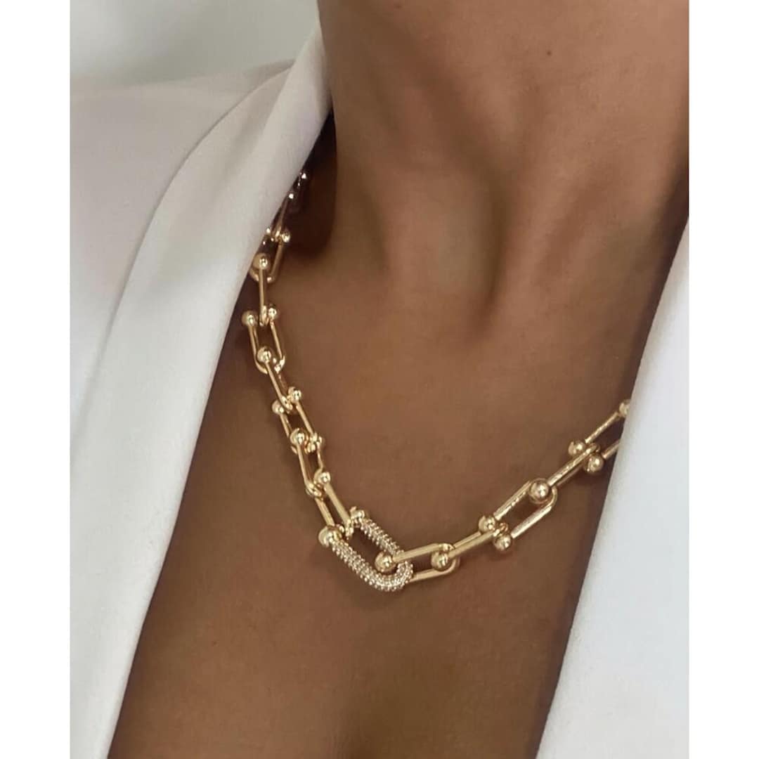 18K Gold Plated & Silver Zircon U Shape Necklace, Paperclip U Link ...