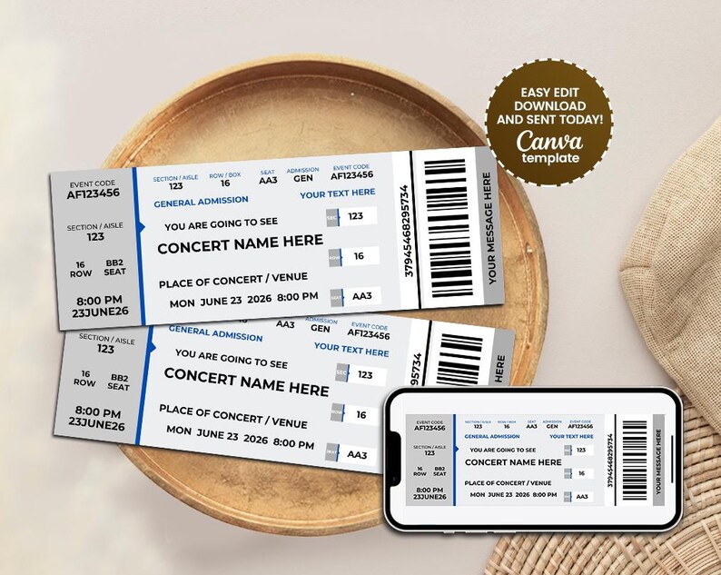 Custom Concert Ticket, Concert Ticket Template, Personalized Event Ticket, Surprise Ticket ...