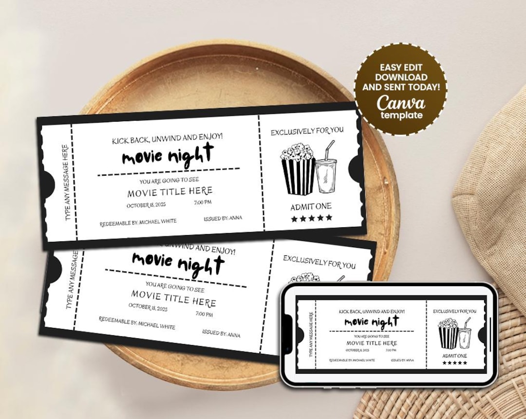 Editable Movie Night Coupon, Custom Movie Voucher, Digital Ticket ...