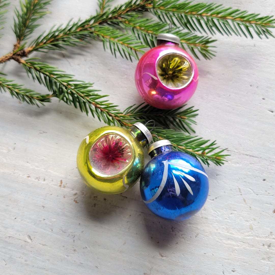 3 Vintage Feather Tree Indent Stencil Glass Christmas Ornaments - Etsy